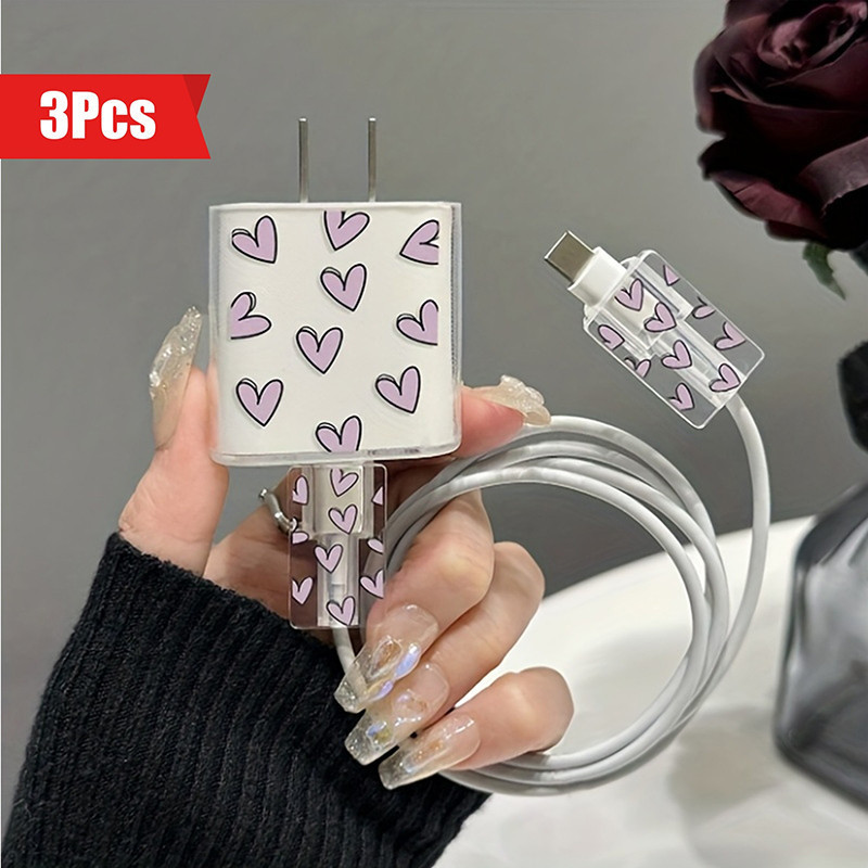 INS Clear Butterfly Heart Patterns USB Cable Cover Charger Protection ...