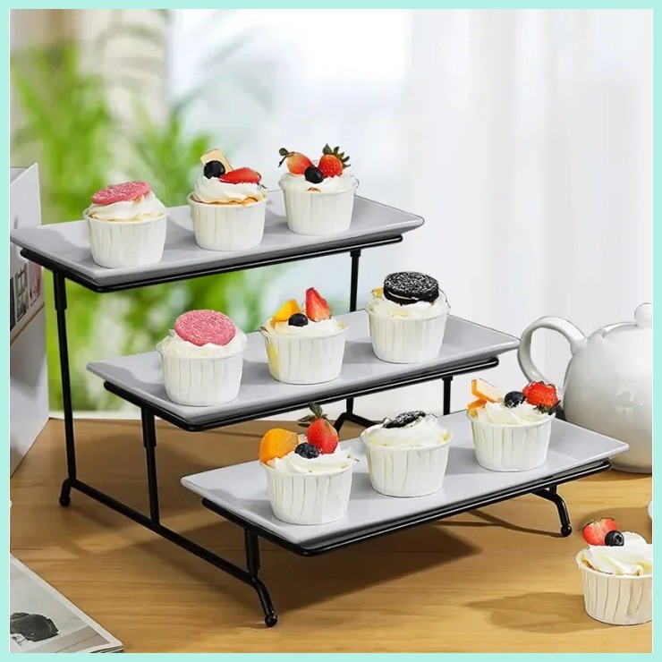 3 Layer Dessert display rack with plates stepped food display stand ...