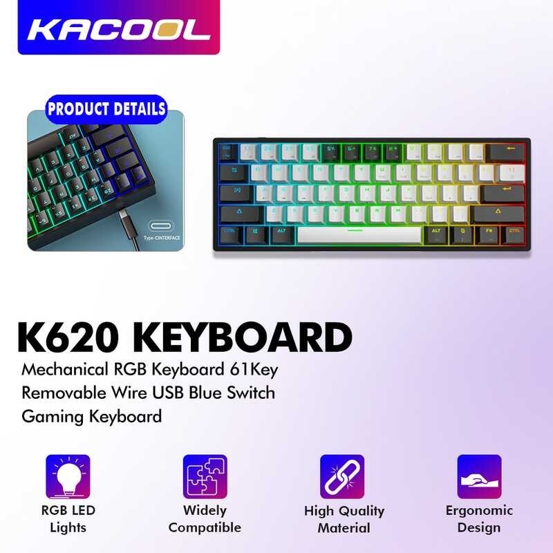 K620 Leaven Mechanical RGB 61Key Removable Wire USB Blue Switch Gaming ...
