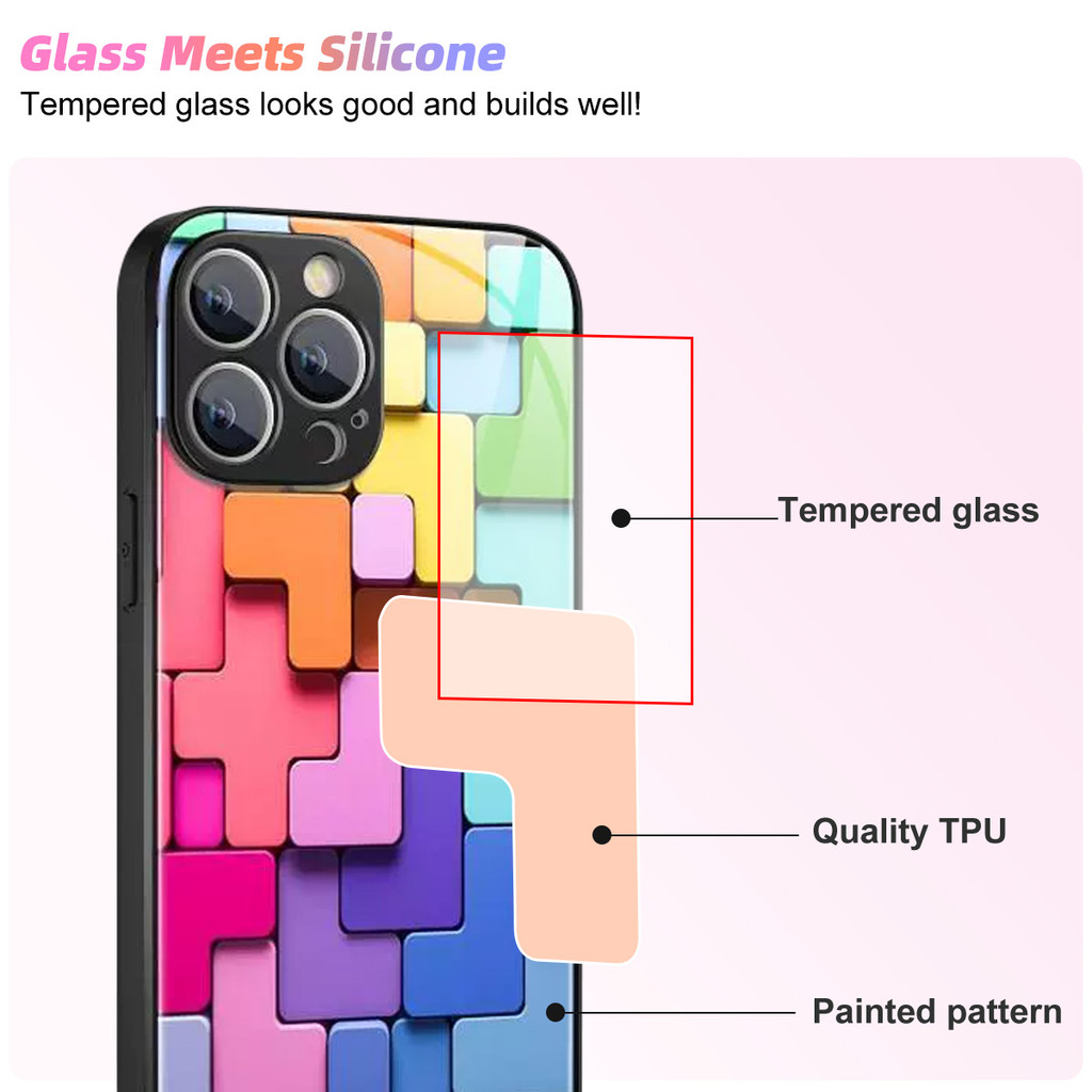 Fonken Colorful Building Blocks Phone Case Soft Edges Tempered Glass ...