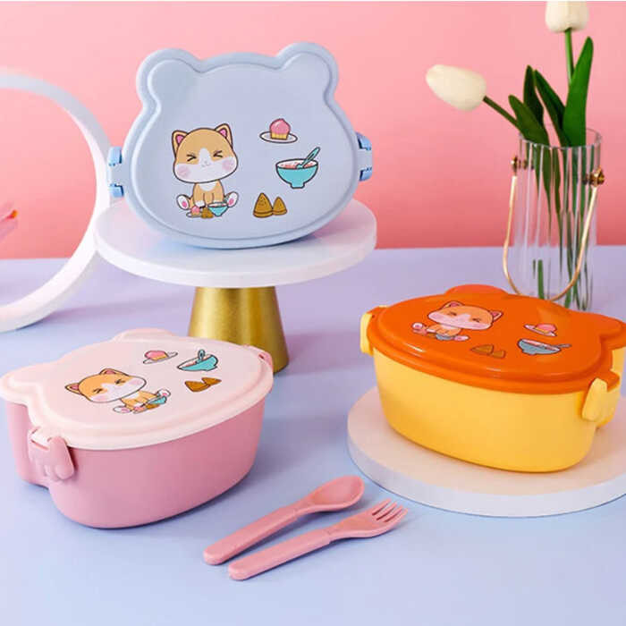 Lozzby Cute Cat Shaped Food Container With Fork And Spoon Portable ...