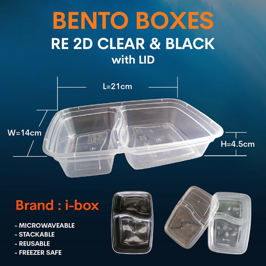 RE2D, 2 DIVISION CLEAR/BLACK BENTO BOX (1 BOX 150PCS) MICROWAVEABLE, I ...