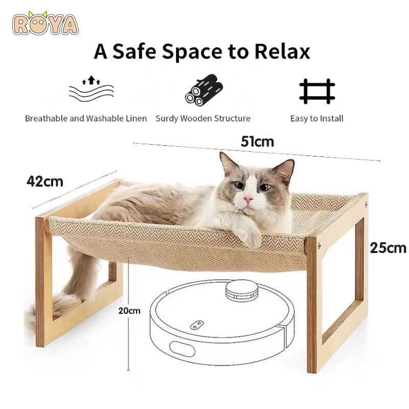 ROYA Large Breathable Cat Bed Wooden Cat Hammock Dog Bed Pet Furniture ...