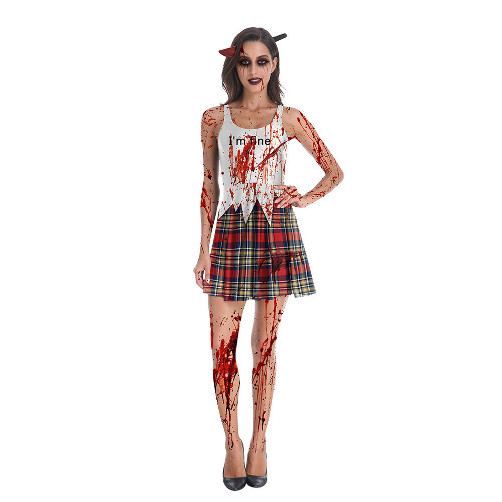 Women Sleeveless Dress Horror Bloody Skull Overalls Terror Cosplay ...