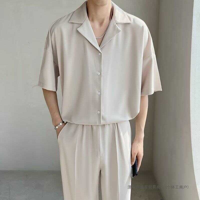 E4 Cuban Collar Ice Silk Short Sleeved Summer Thin Light Mature Style, British Yuppie Handsome ...