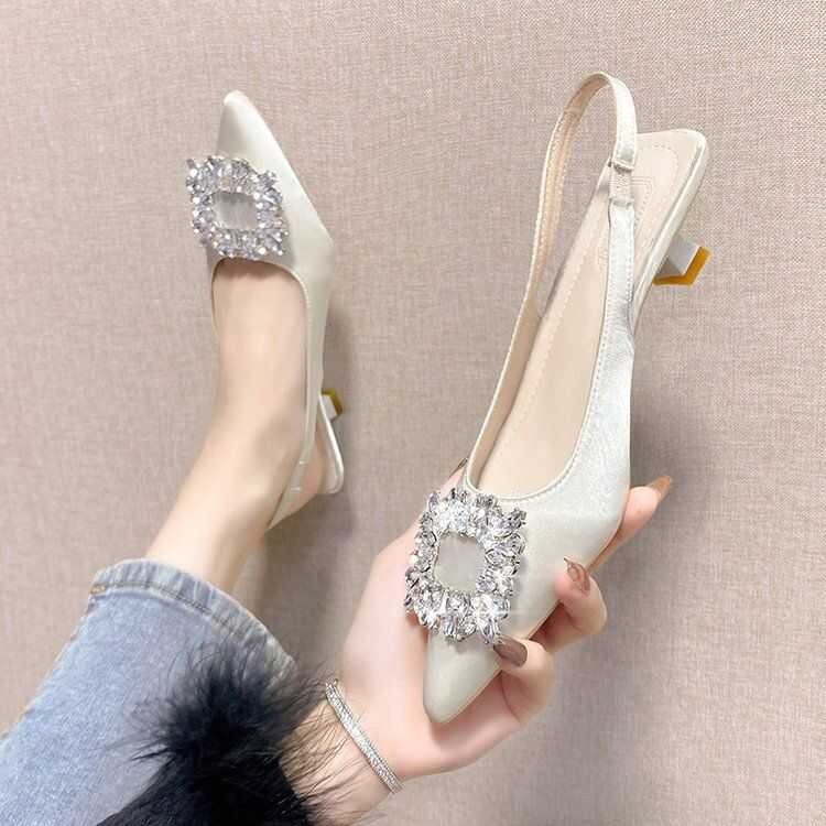Elegant French Style Women's High Heels Sandals Thin Pointed Toe Mid ...