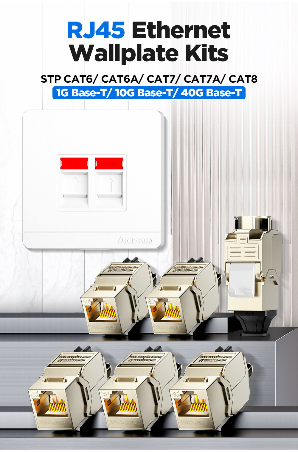 AMPCOM 86*86 Wall plate with CAT6/CAT6A/CAT7/CAT7A/CAT8 Keystone Jack ...