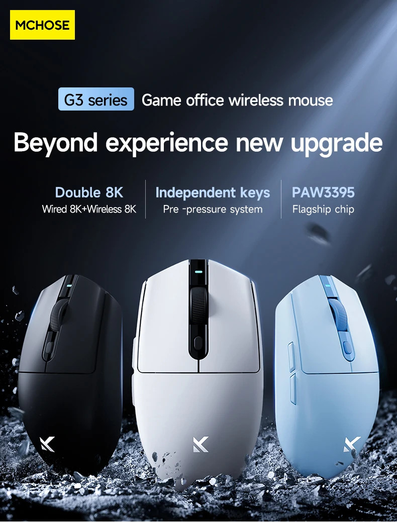 MCHOSE G3 Mouse 3mode Bluetooth Wired 2.4g PAW3395 Lightweight Design Ultra Long Battery Life ...