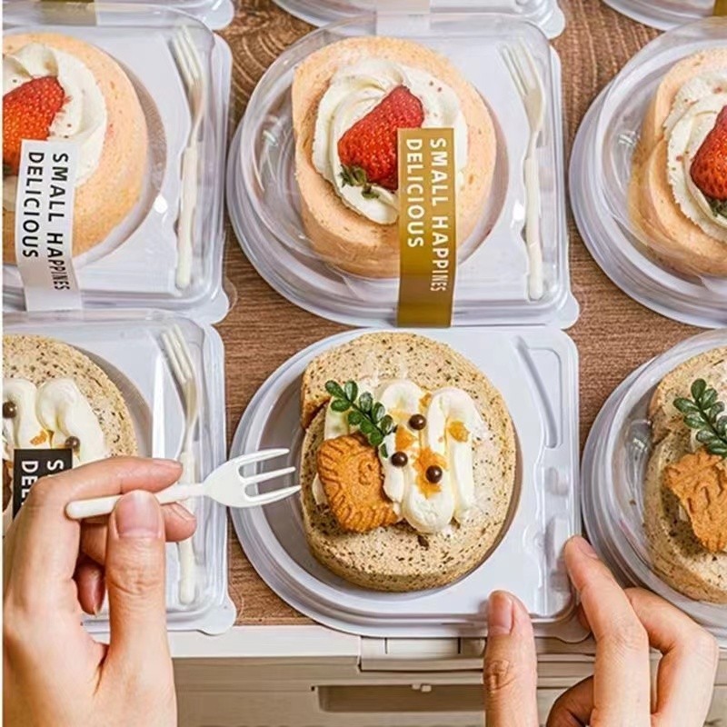 50pcs Transparent Mini Cake Roll Box Cake Packaging with Fork Hani Roll ...