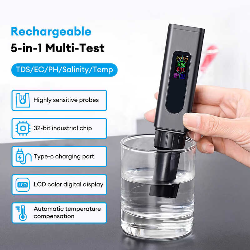 5 Rechargeable In 1 Saity/Ec/Tds/Ph Meter Digital Drinking Water Purity ...