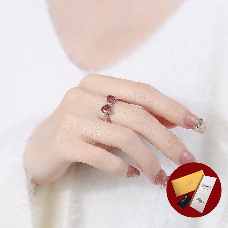 (With Gra Certificate) Ornament Red Diamond Bow Ring Women's High-Grade ...