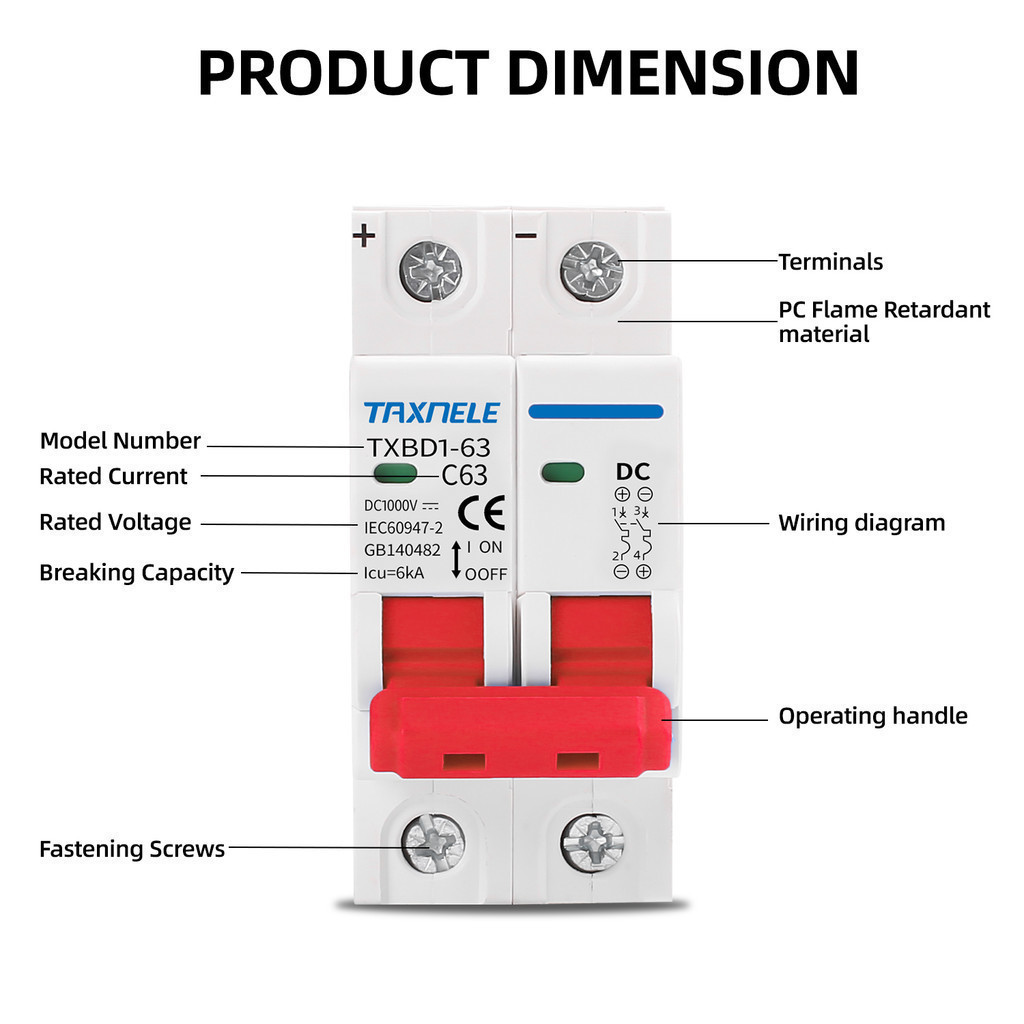 TAXNELE 2P AC DC 1000V 6A 10A 16A 20A 25A 32A 40A 50A 63A MCB PV Solar Mini Circuit Breaker ...