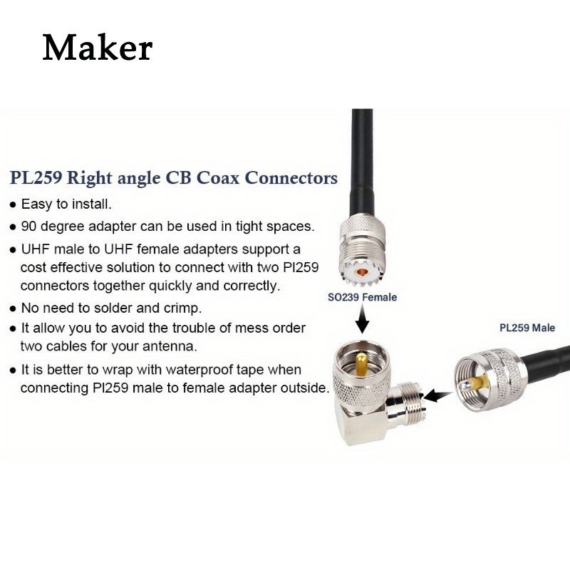 Male PL-259 Plug to UHF Female SO-239 SO239 Jack Right L Shape Angle 90 ...