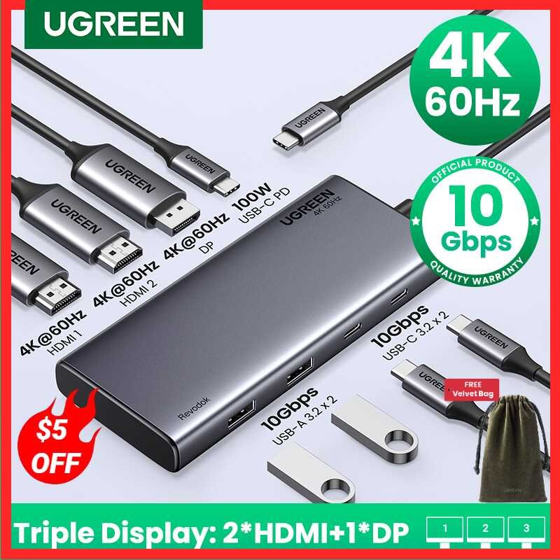 UGREEN Triple Display USB C HUB 10Gbps 4K Adapter 8-In-1 Splitter With ...