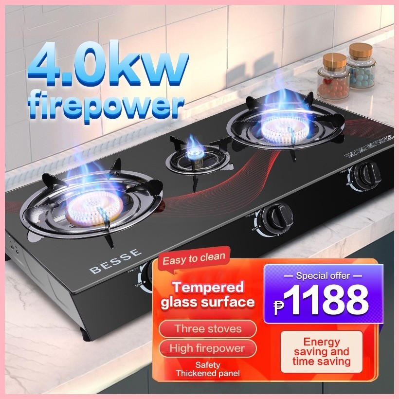 ¤ Three-burner gas stove, stainless steel body, tempered glass surface ...