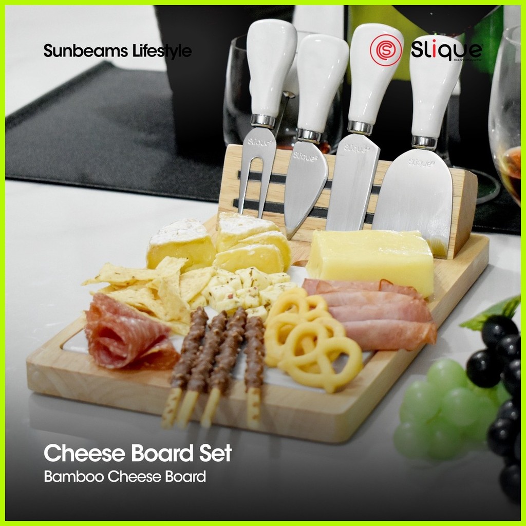 SLIQUE Bamboo Cheese Board and Stainless Steel Cutlery Set of 8 ...