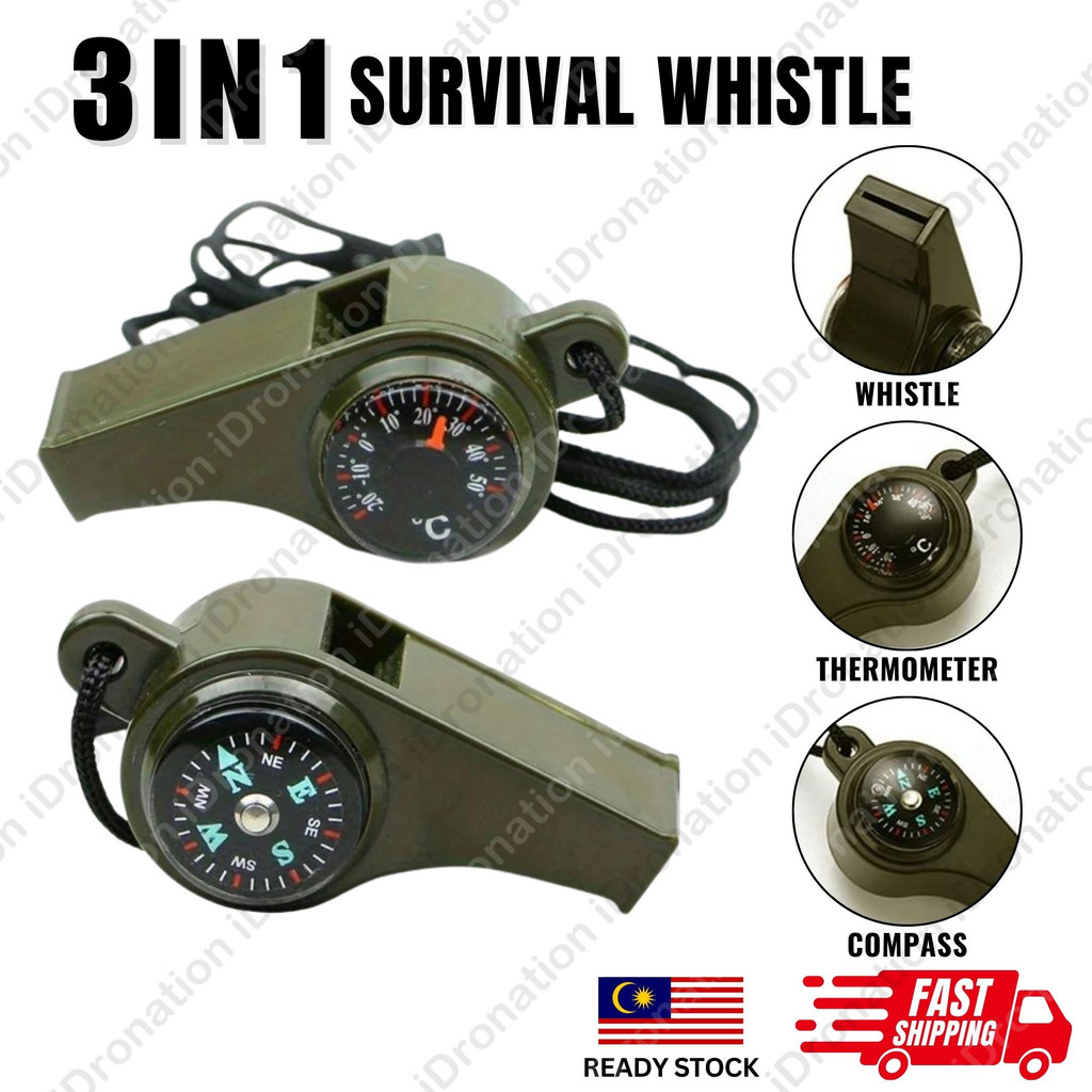 3 In 1 Survival Whistle Compass Thermometer SOS Loud Emergency Safety ...
