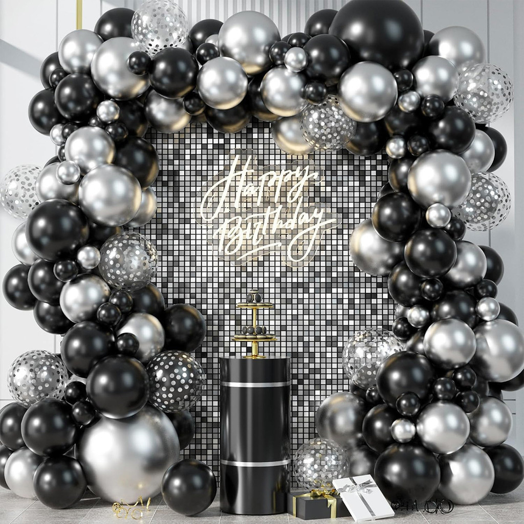 Black And Silver Balloon Arch Set 12" Metallic Silver Confetti Balloons ...