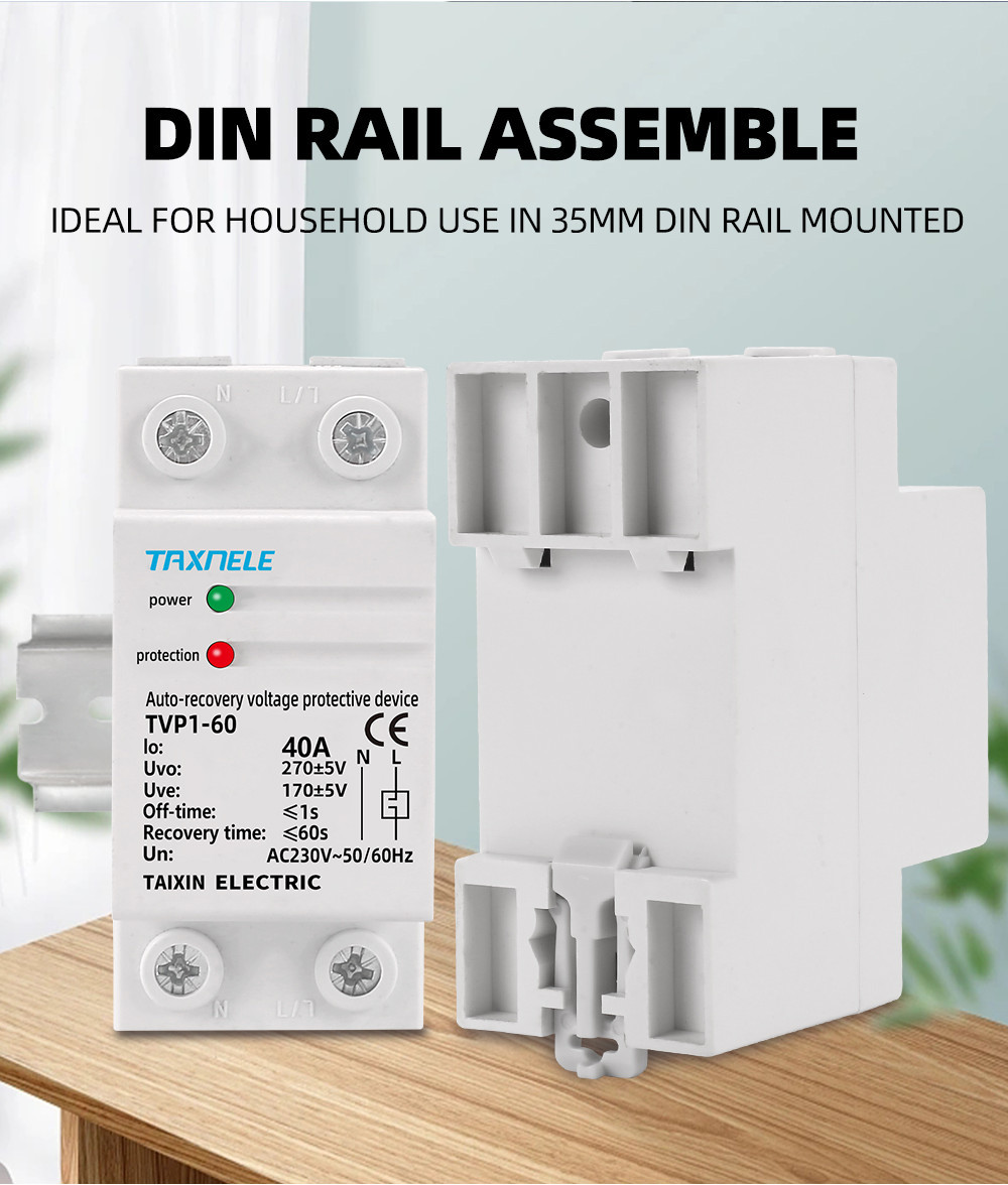 230V AC 40A 63A Din Rail Auto Recovery Voltage Protective Over Under ...