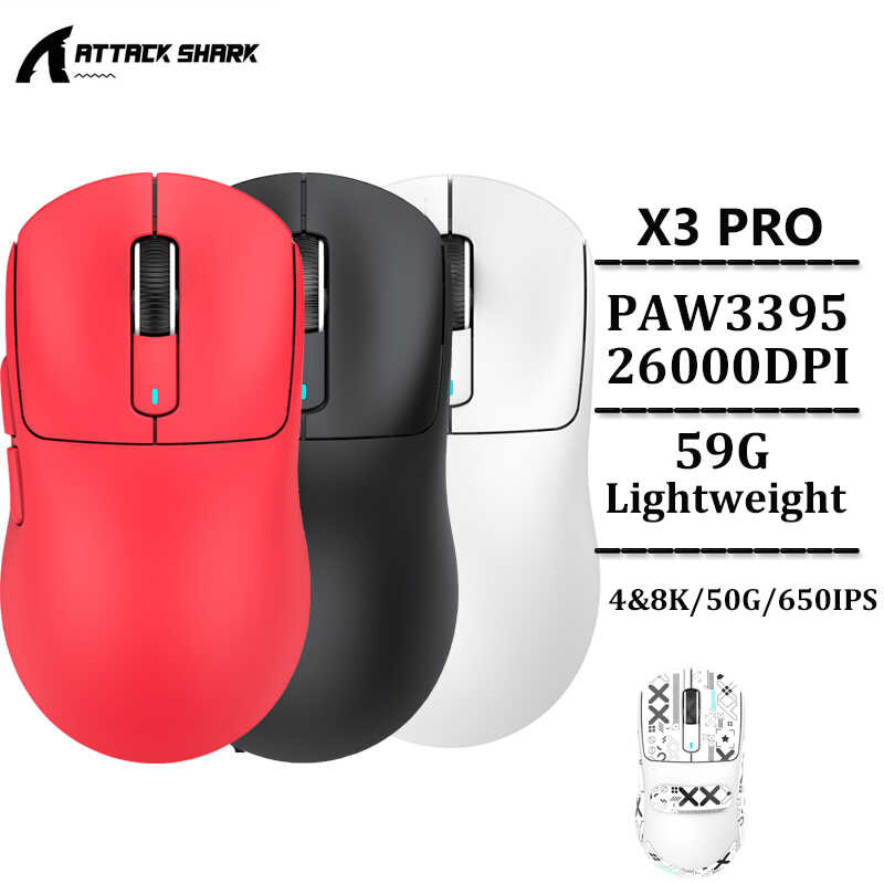 Shark Attack X3 PRO 4K&8K Gaming Mouse Bt/2.4G Wired Wireless Mouse Pixart Paw3395 26000 DPI 49G ...