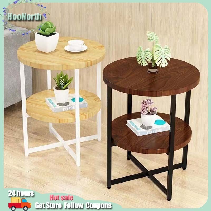 Wooden Side Table Bedroom Two Layers Small Table Round Coffee Table ...