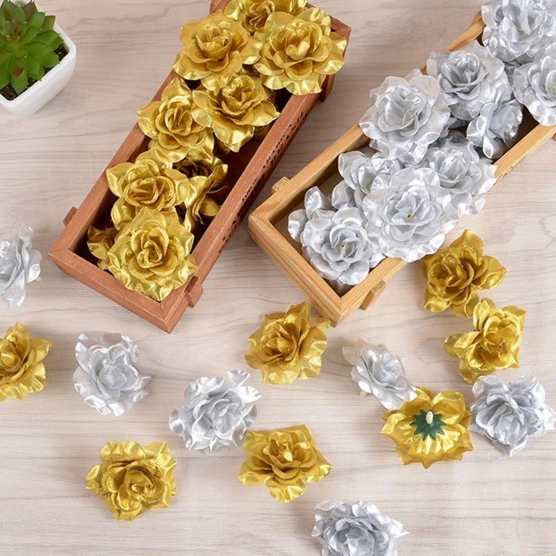 5PCS 4cm Mini Xmas Flower Artificial Roses Head Gold Silver Flowers for ...