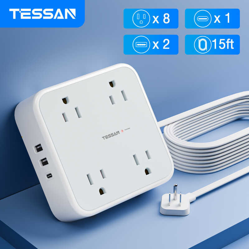TESSAN Ultra-Thin Flat Plug 8 AC 3 USB Outlets 11-In-1 Power Strip Na ...
