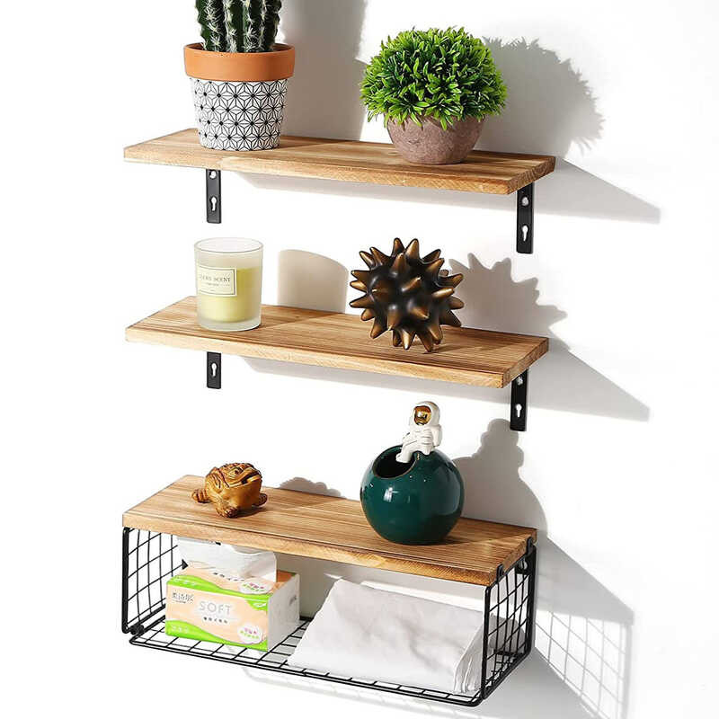 Country Style Floating Rack Wall-Mounted Wooden Bathroom Rack with ...