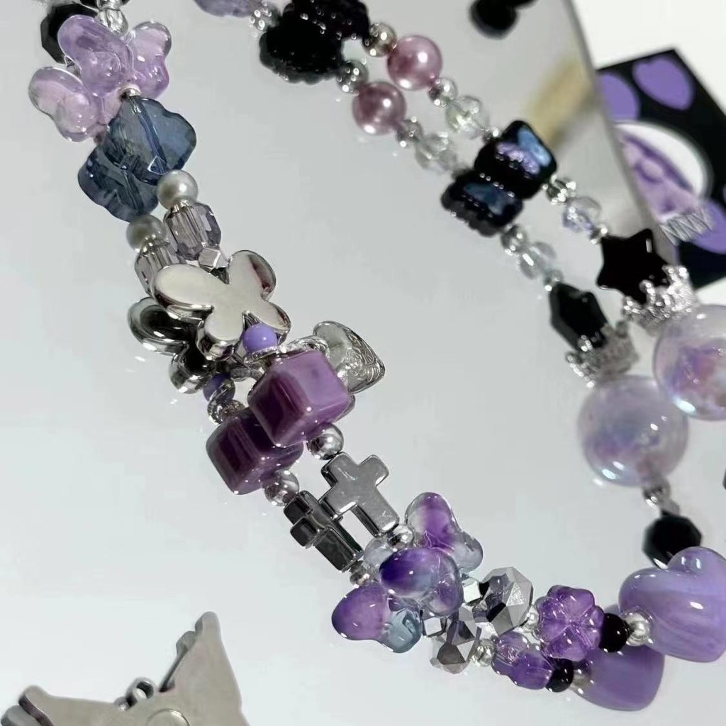 INS Purple Love Heart Butterfly Crucifix Beaded Mobile Phone Chain ...
