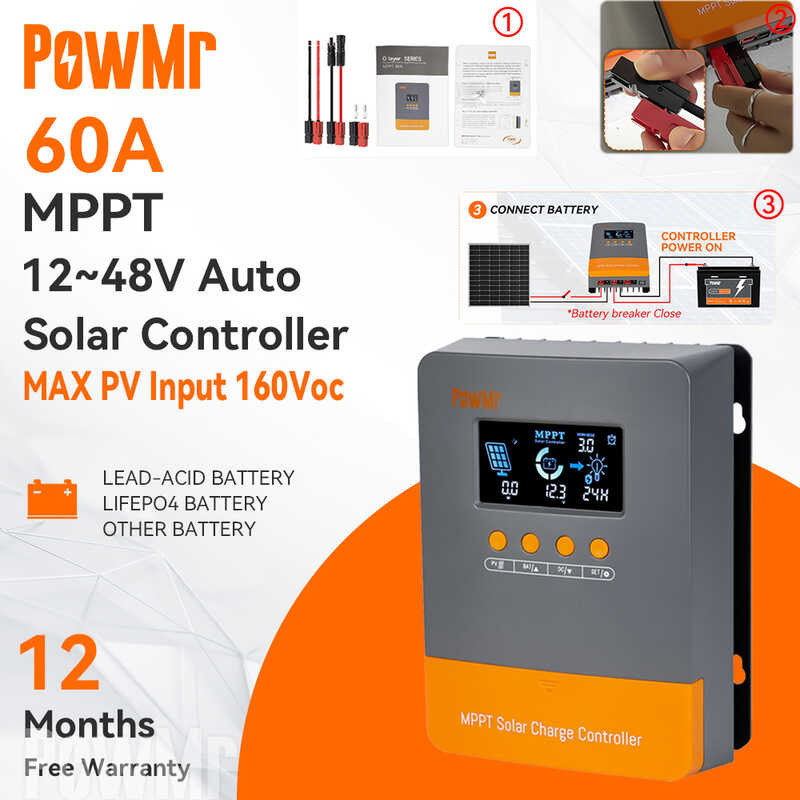 2025 PowMr 60A MPPT Solar Charger Controller 12V-48V Sa Blacklight LCD Regulator Max PV Input 16 ...