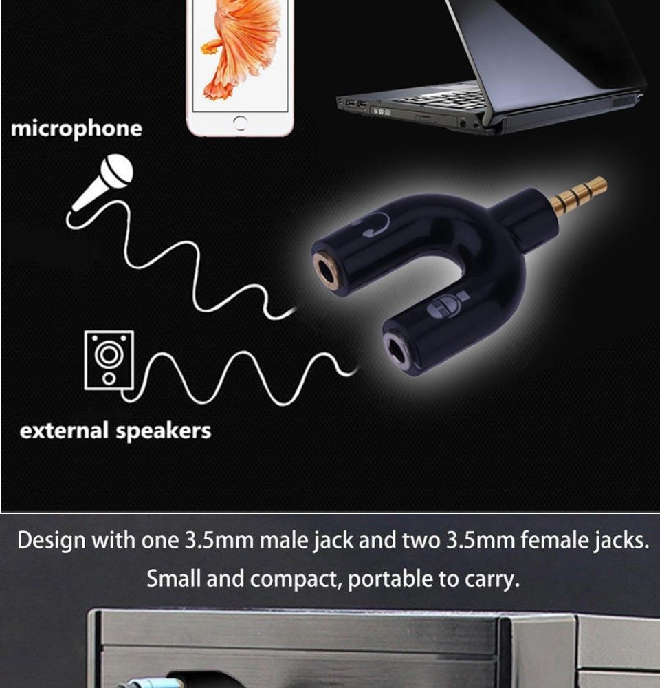 Y Dual audio splitter Headphone adapter Audio cable 3.5mm Microphone 2 ...