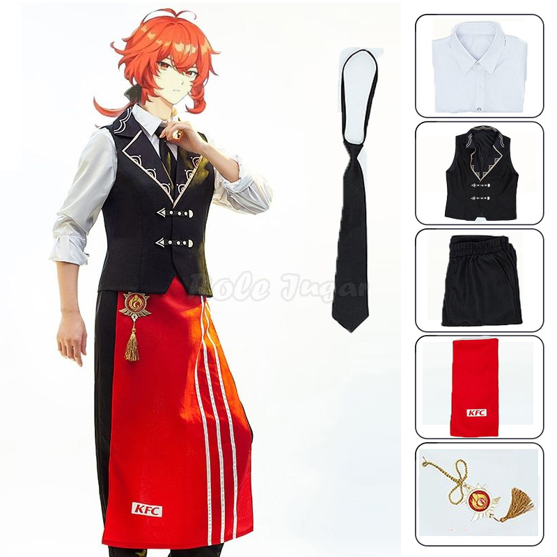 キ 6Pcs Game Genshin Impact Cosplay Costume KFC Diluc Men Waiter Uniform ...