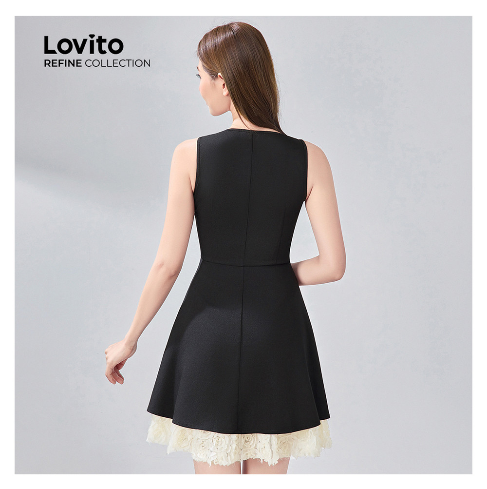 (Lovito Refine) Casual Dress Fake 2-in-1 Draped Spring/summer Black ...