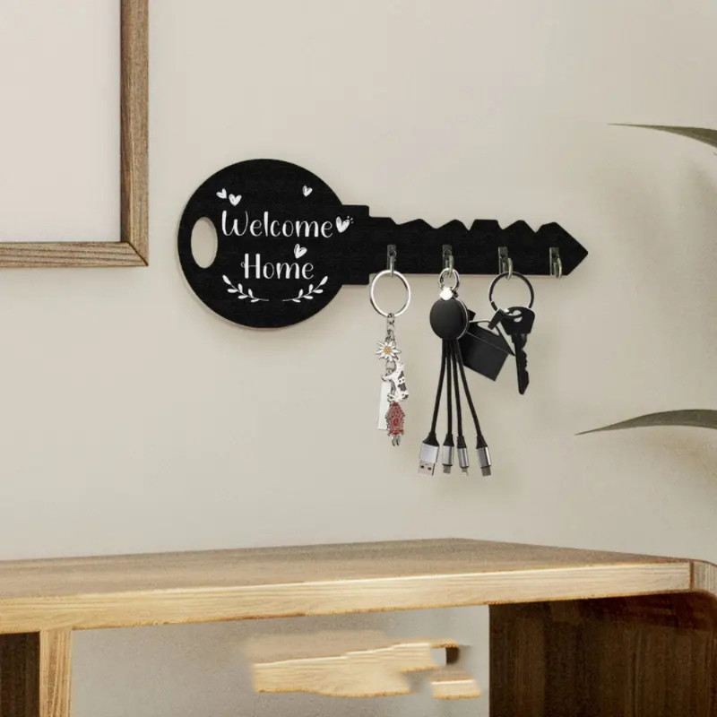 Wooden Large Key Shape Holder - Shelf & Multi-Purpose Hook, Space ...