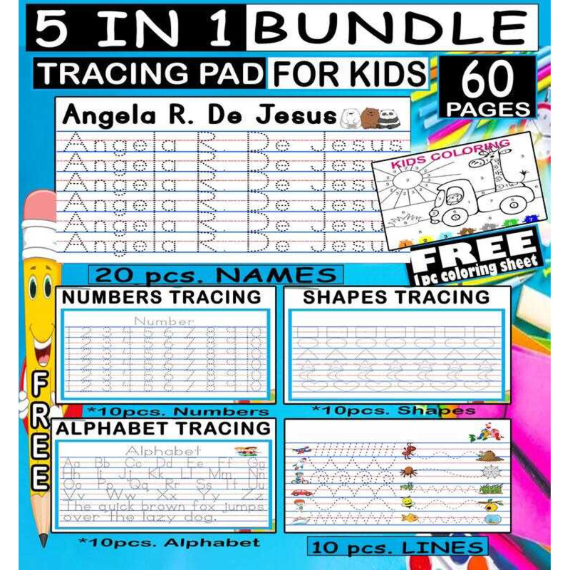 PERSONALIZED 5 IN 1 BUNDLE 60 Sheets TRACING PAD FOR KIDS STUDENTS NAME ...
