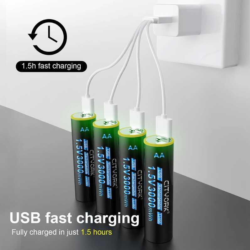 Aa/2A/2A Cityork 3000Mwh USB 1.5V AA Type-C Rechargeable Battery ...