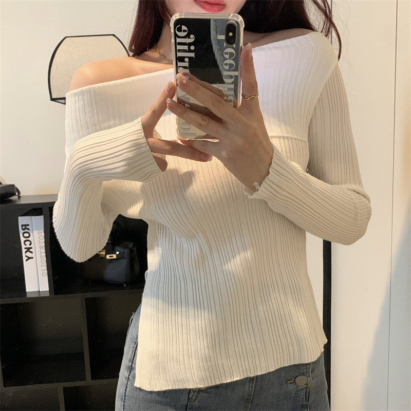 Spice Girl Off Shoulder Long Sleeve Knitted Undercoat Women's Black Sexy Irregular Slim Short ...