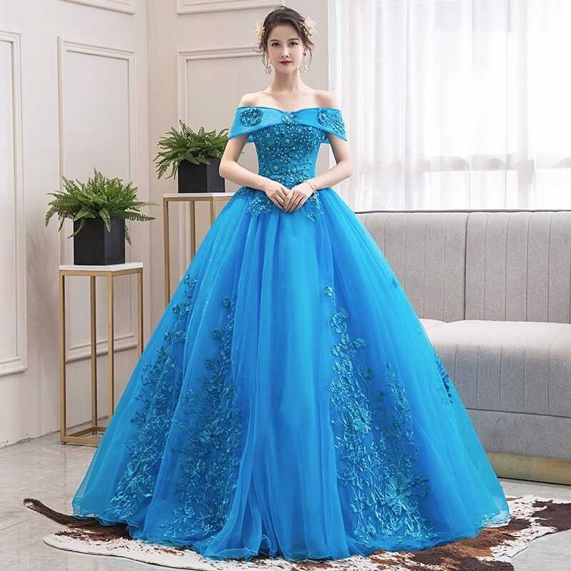 ZXH Bom Blue Off-Shoulder Ball Gown Quinceanera Damit Vestidos De 15 ...