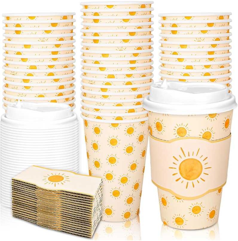 sets Whae 50 of Bohemian Sun paper cups with lids and sleeves, 16 ounce ...