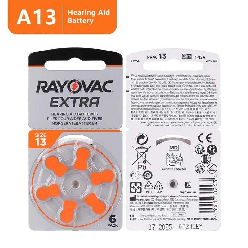 Pcs 60 A13 Aid Batteries 1.45V Rayovac Extra Zinc Air Hearing Aids Batteryfor BTE CIC RIC s ...