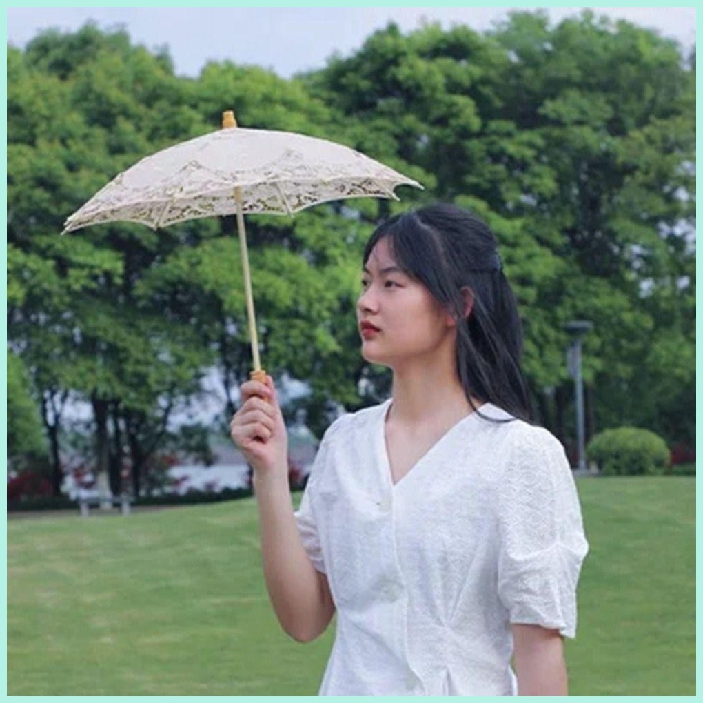 KYLIMINO Wedding Lace Umbrella, Embroidery Floral Wooden Handle Prop ...