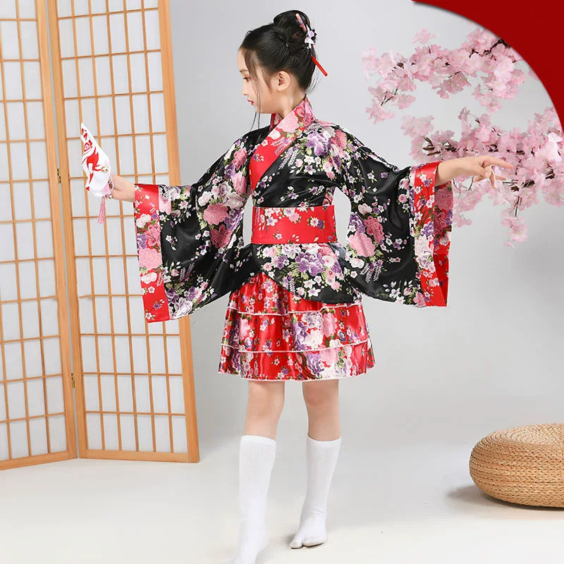 Kids Girls Japanese Kimono Cosplay Costume 3Pcs Summer Short Floral ...