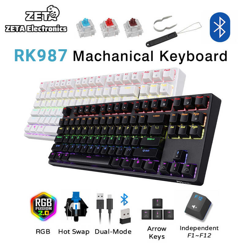 RGB Rk987 Backlit 80% Wireless Mechanical 87 Keys Hotswappable Gaming ...