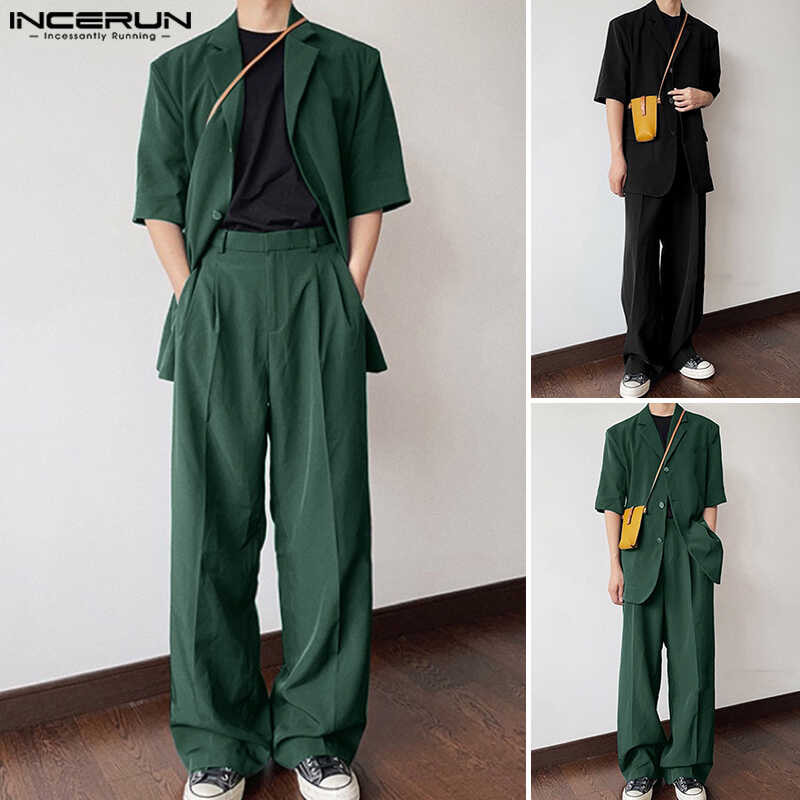 Korean Style INCERUN Men 2Pcs Short Sleeved Jackets Formal Pants Suit ...