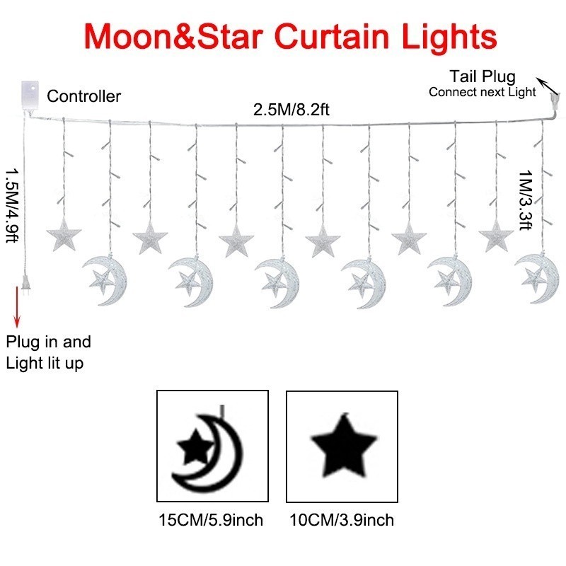 Star Moon Curtain String Fairy Lights for Eid,Ramadan,Christmas,Wedding ...