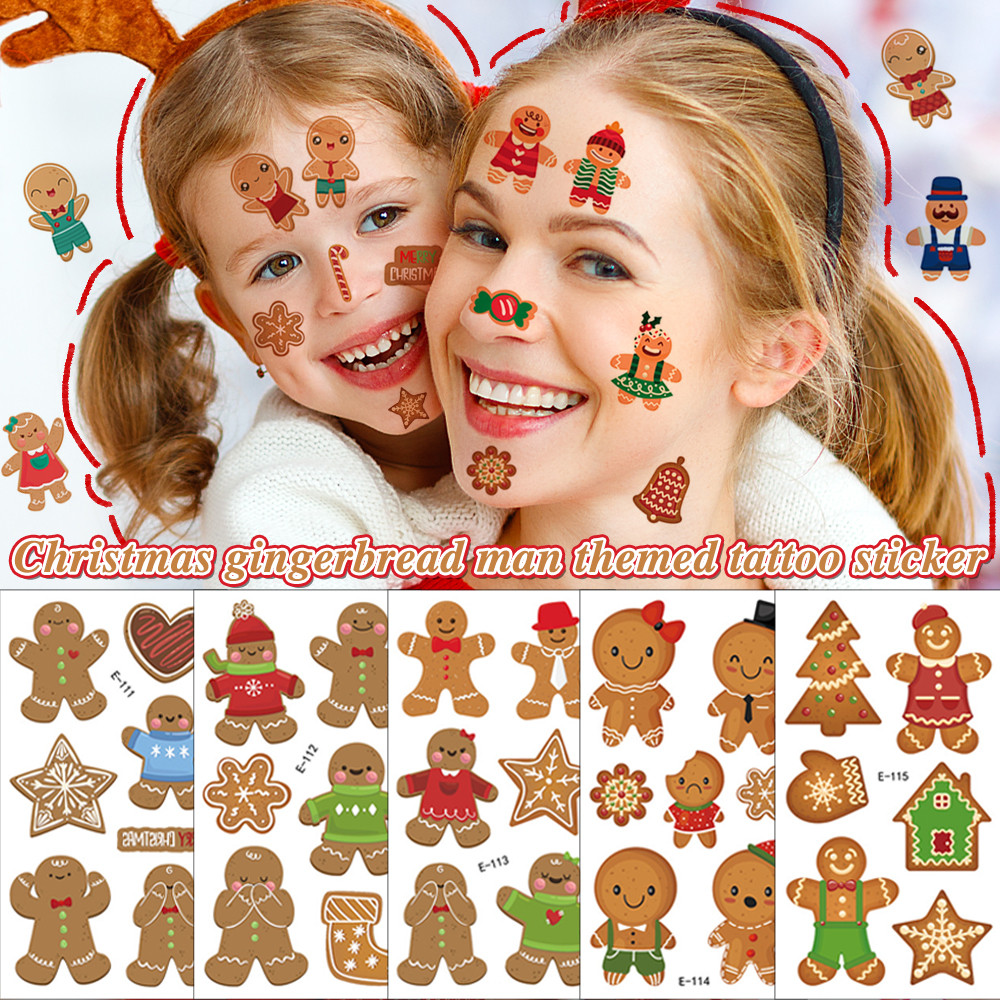 10Sheets Christmas Cartoon Gingerbread Man Temporary Tattoos Sticker ...