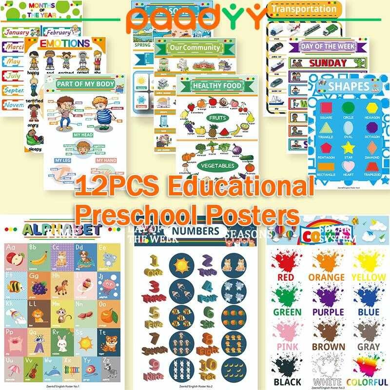 12 Pcs ABCD Chart For Kid Educational Set Wall Colors Numbers Alphabet ...