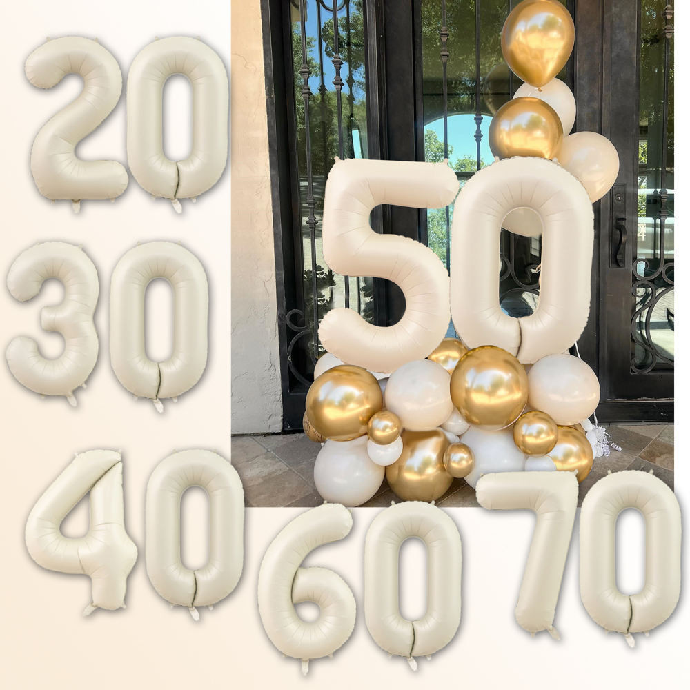 Cream Color Balloon Number Standee Balloons Set Adults 30 40 50 60th ...