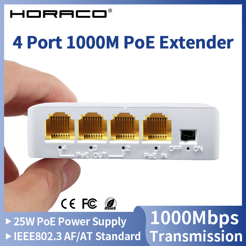 HORACO 4 Port Gigabit POE Extender 100/1000M Network Switch Repeater IEEE802.3af/at Plug&Play ...