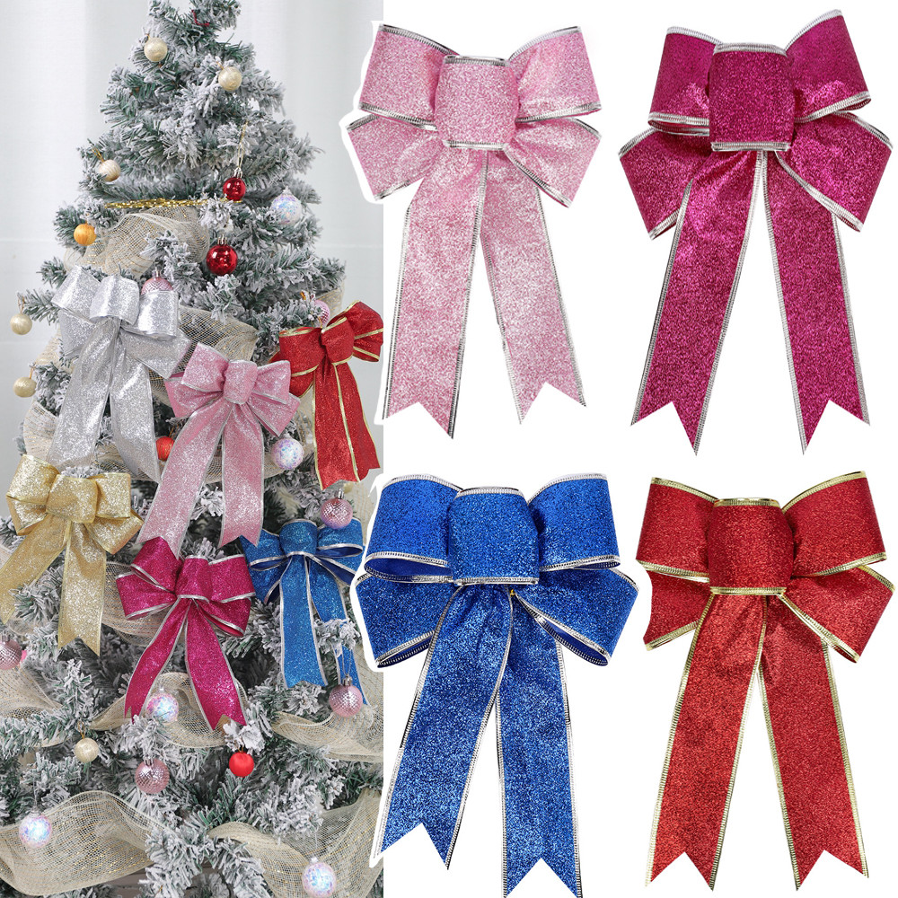 23CM Pink Christmas Bows Gliter Big Bow Xmas Wreath Ribbon Bow Garland ...
